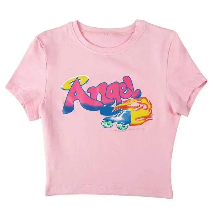 Pink 90s Retro Angel Crop Top with Rollerblades Print – Cosparty