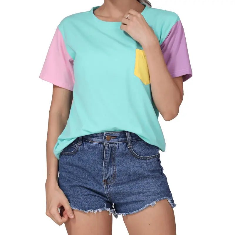Retro 80s Patchwork Pastel-Kei Tee with Chest Pocket – Cosparty